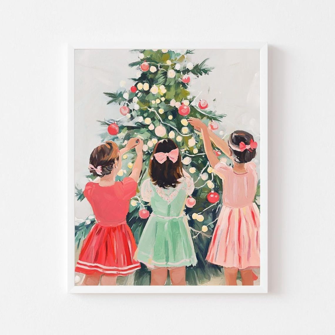 Kna Prints - Three Girls Decorating Tree Painting Sisters Holiday Wall ...