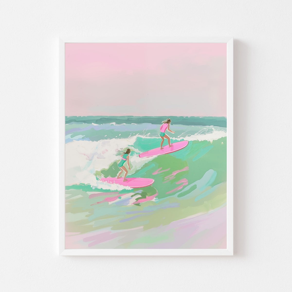 Poster Tween Surfer Girl Painting | Coastal Teen Wall Art Print | Pink ...