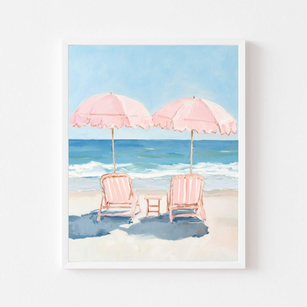 Poster Two Pink Beach Umbrellas And Chairs Painting | Preppy Coastal ...