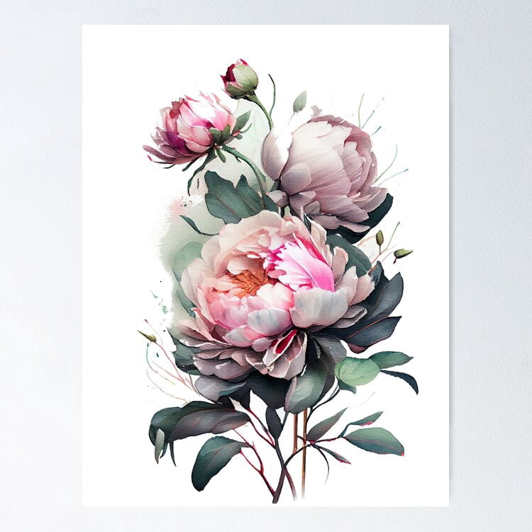 Poster Vibrant Spring Blossoms Series: Exquisite Peonies Watercolor ...