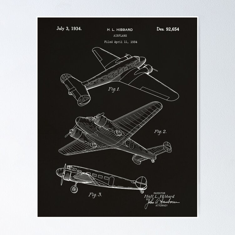 Poster Vintage 1934 Airplane Patent Blueprint - Aviator & Pilot Art ...