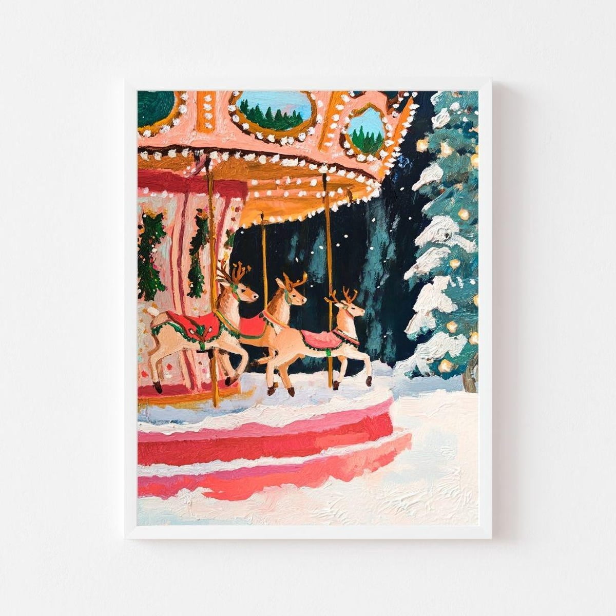 Poster Vintage Christmas Carousel Painting | Colorful Reindeer Wall Art ...