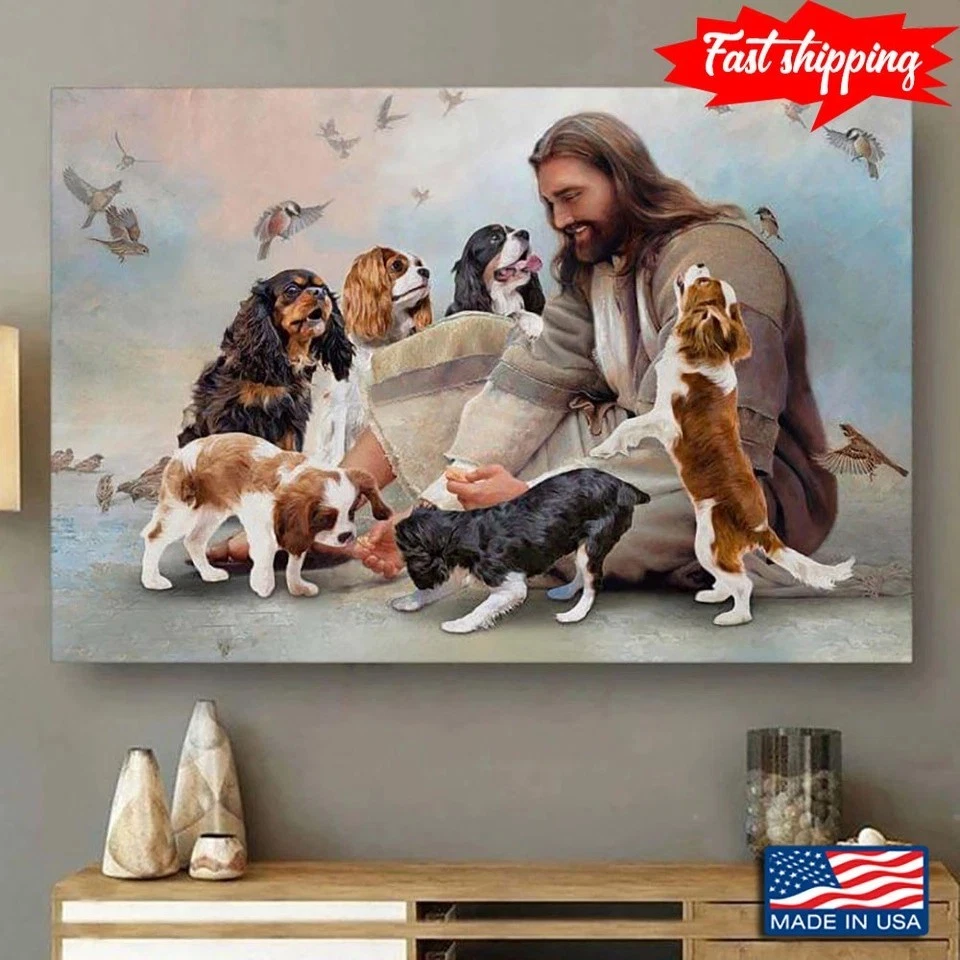 Poster Vintage Smiling Jesus Christ Playing With Cavalier King Charles ...