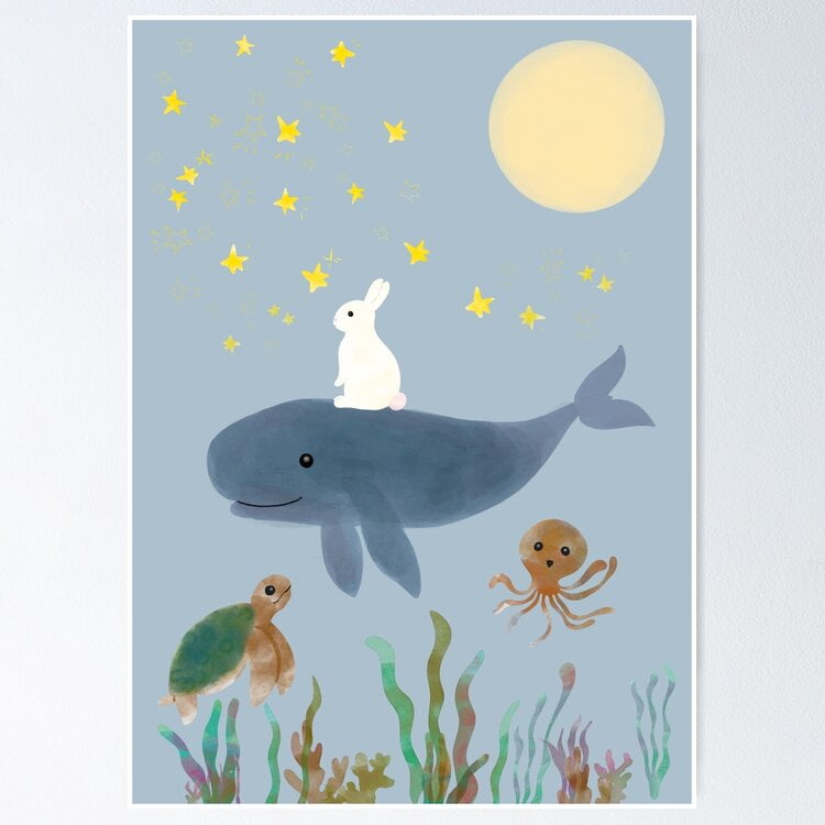 Poster Whale Rabbit Octopus And Turtle Poster No Framed, 8x12 - Walmart.com