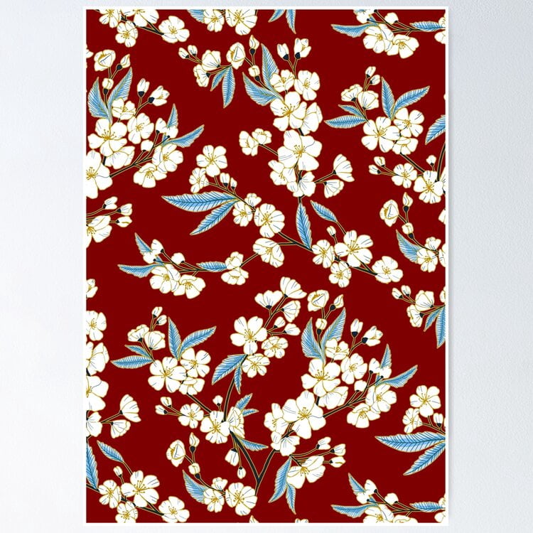 Poster White Blossom Garden - Oriental Red And Blue Poster - No Framed ...