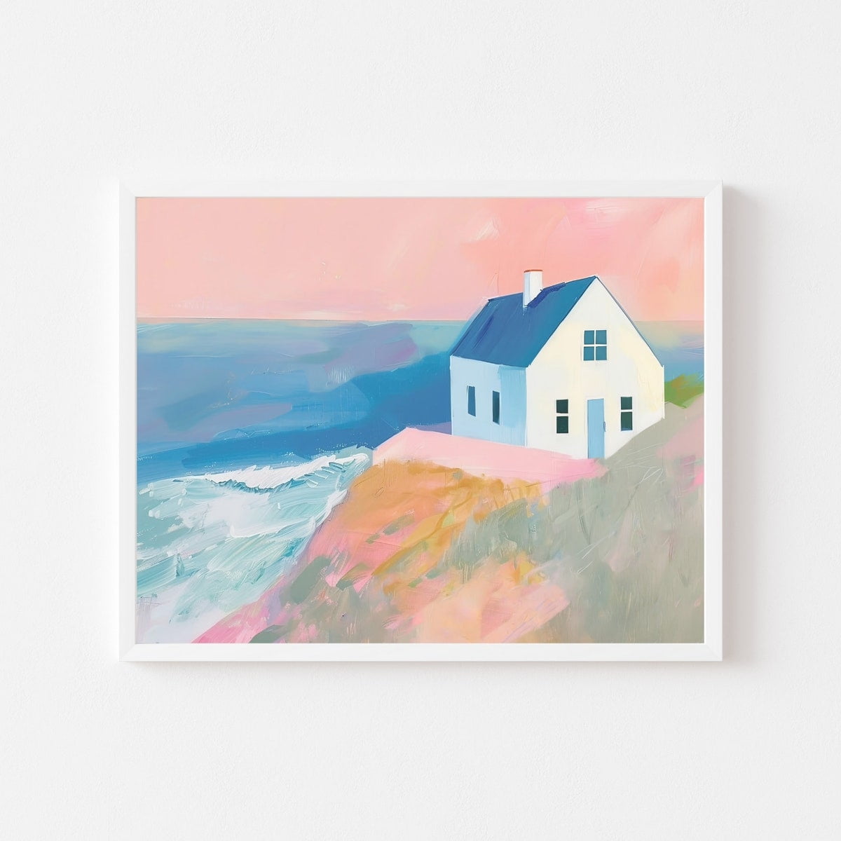 Poster White Coastal Cottage Painting | Pastel Beach Bungalow Wall Art ...