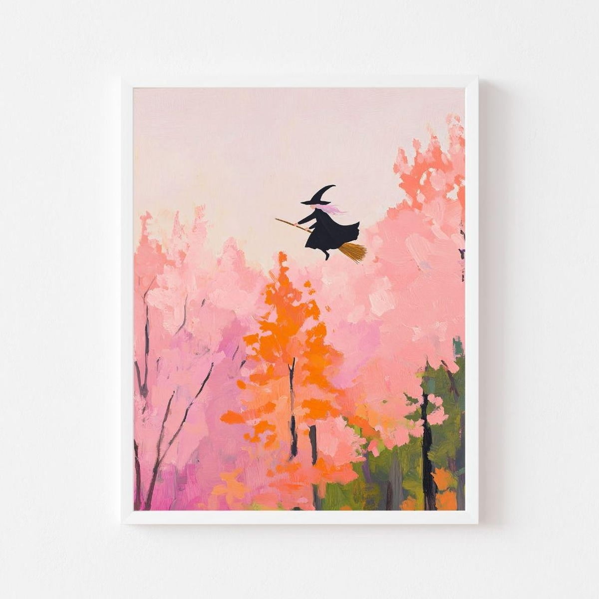 Poster Witch Flying Across Autumn Trees Painting | Girly Pink Halloween ...