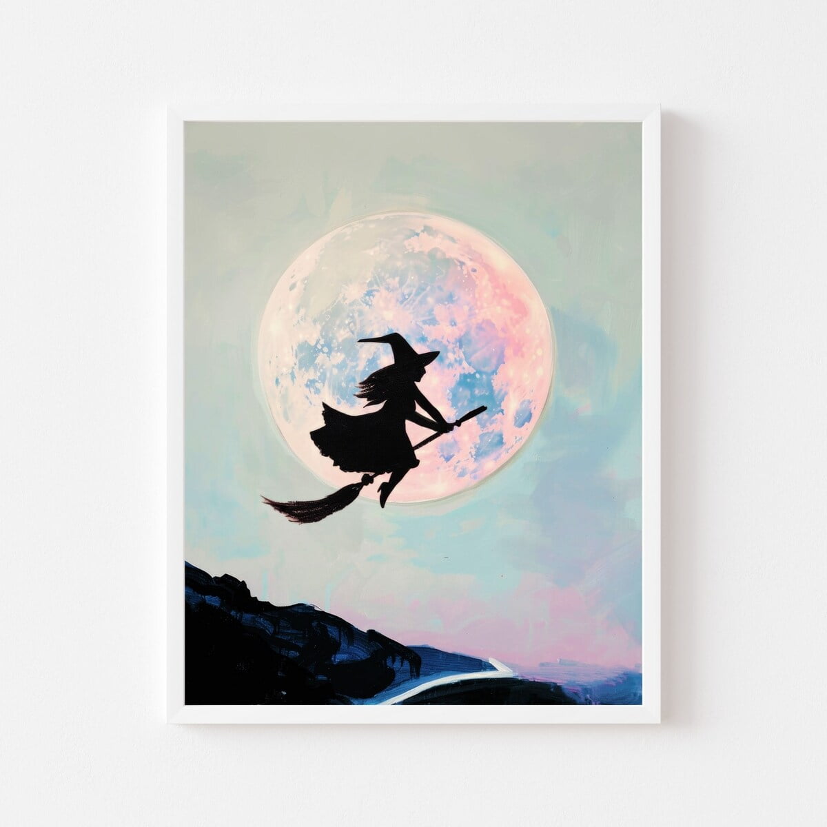 Poster Witch Flying Across The Moon Painting | Girly Pink Halloween ...