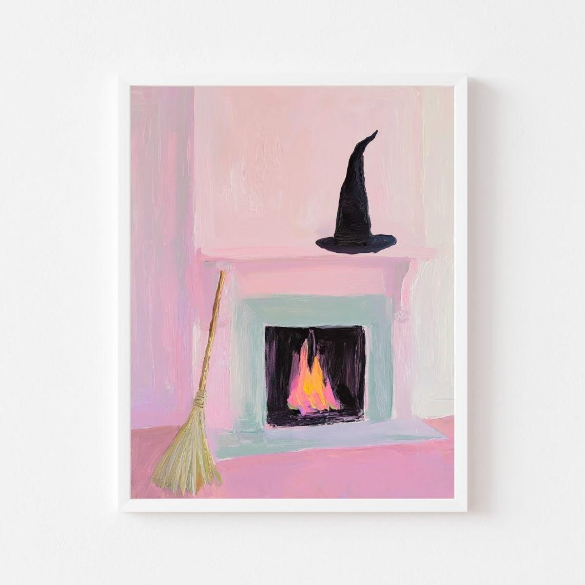 Poster Witch Hat And Broom By Fireplace Painting | Hocus Pocus Wall Art ...