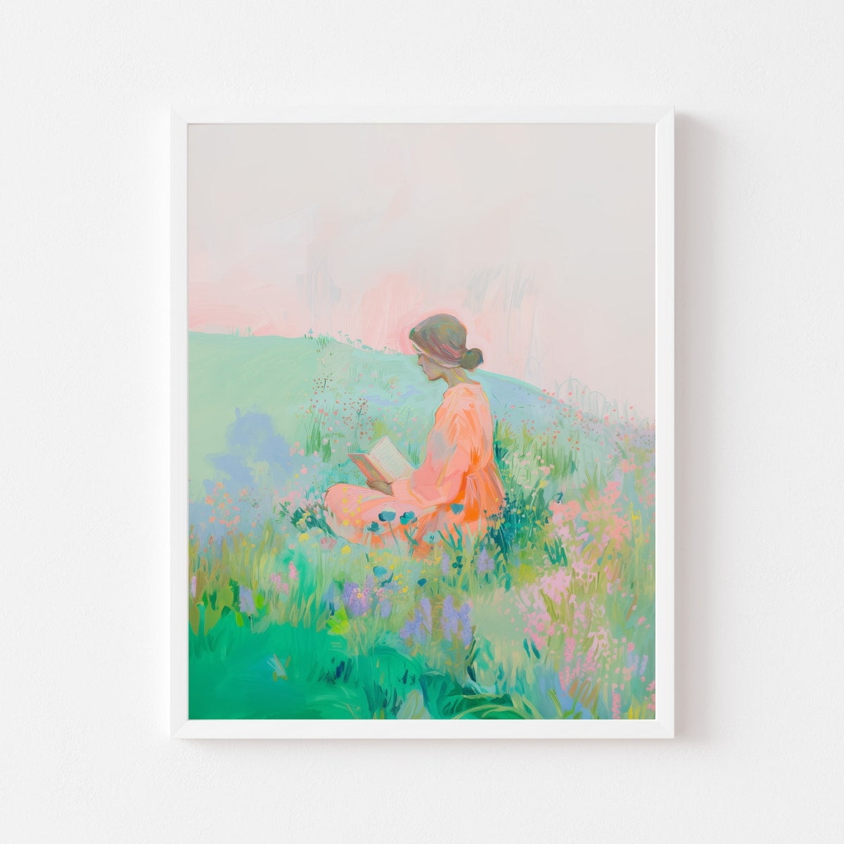 Poster Woman Reading In Meadow Painting | Colorful Girl Book Nook Wall ...