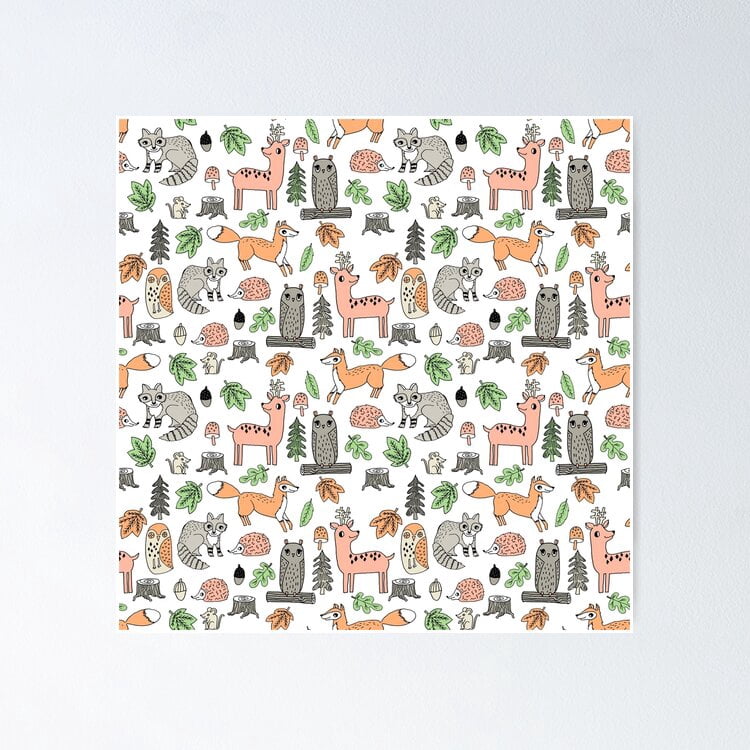 Poster Woodland Nature Fox Deer Camping Raccoon Owls By Andrea Lauren ...