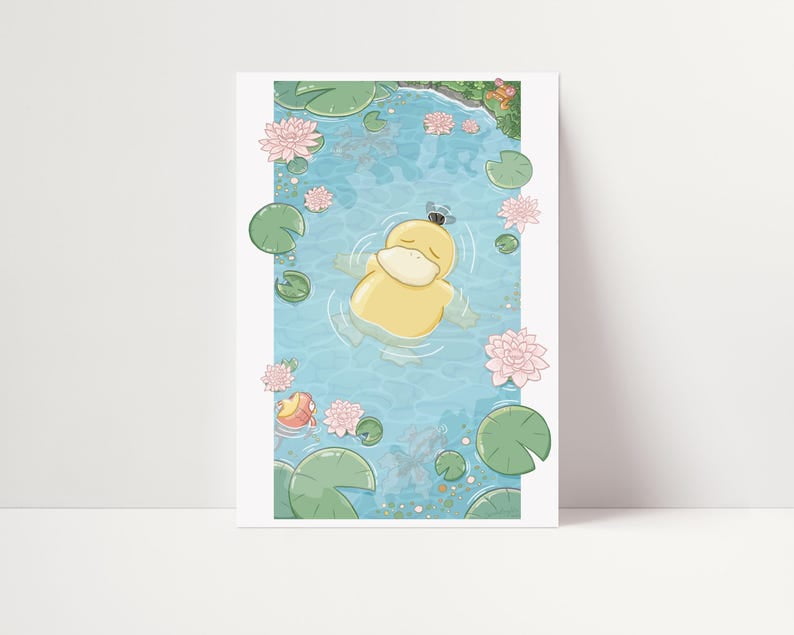 Poster print, Psyduck swimming | Artistic Pokemon drawing with floral ...