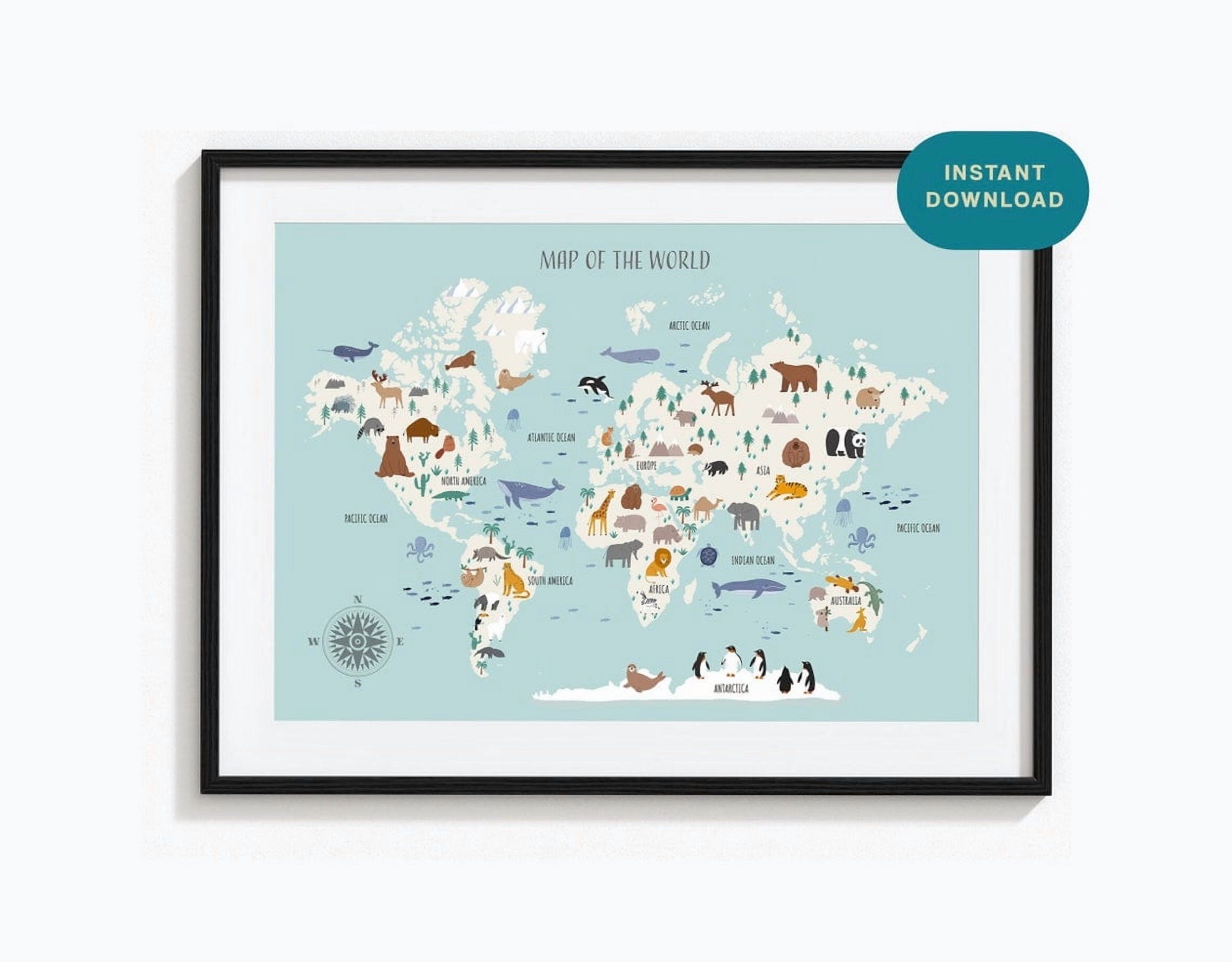 PosterArt Animal World Map Poster Safari Themed Kids Nursery Print ...