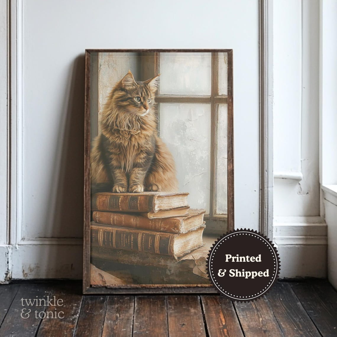PosterArt Books and Cat Art Print Vintage Library Wall Décor Moody ...