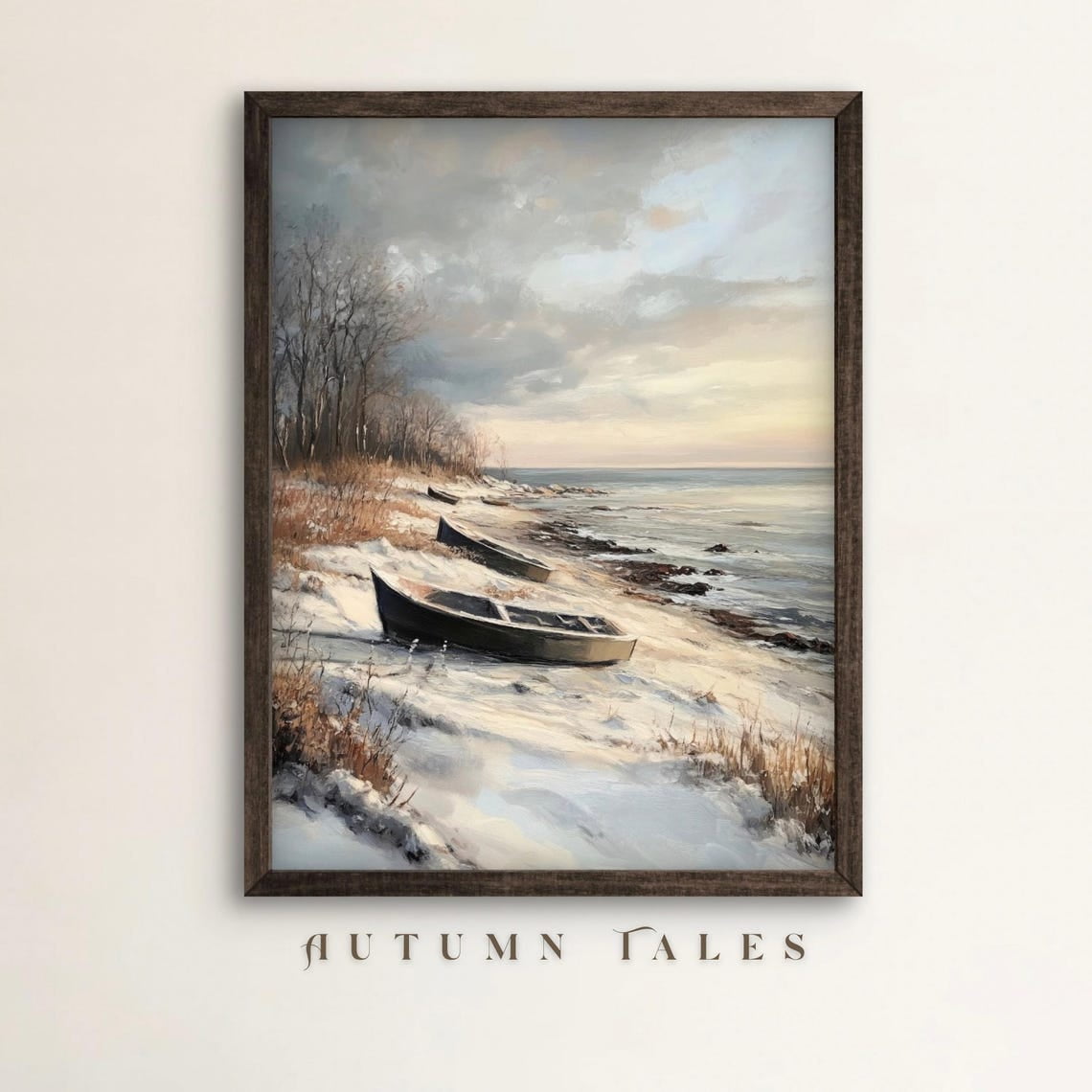 PosterArt Coastal Shore Poster, Boats on Snowy Beach with Winter Reeds ...