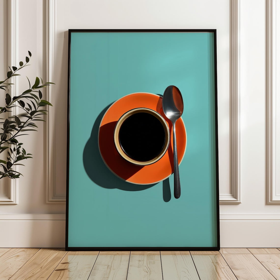 PosterArt Coffee Cup Poster, Orange Plate on Turquoise Background Wall ...