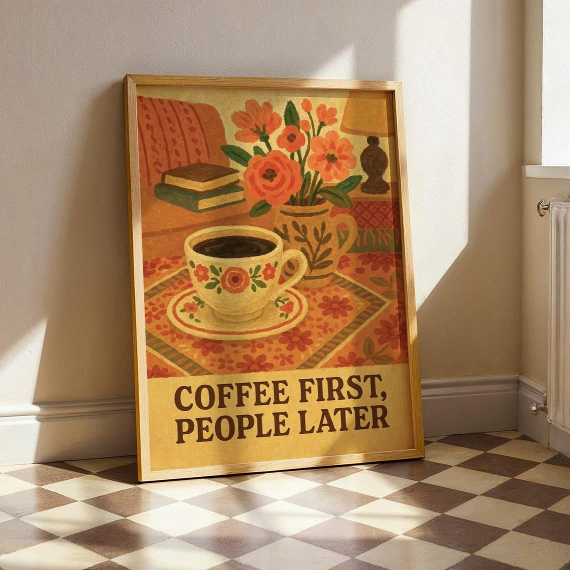 PosterArt Coffee First Retro Kitchen Poster Print, Coffee Lover Quote ...