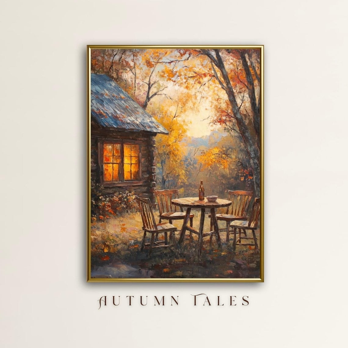 PosterArt Cottage in Forest Poster Wall Art Vintage Fall Landscape ...