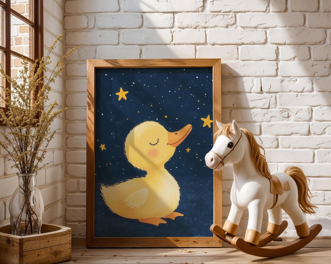 PosterArt Duckling Night Poster Wall Art, Cozy Yellow Duck Illustration ...
