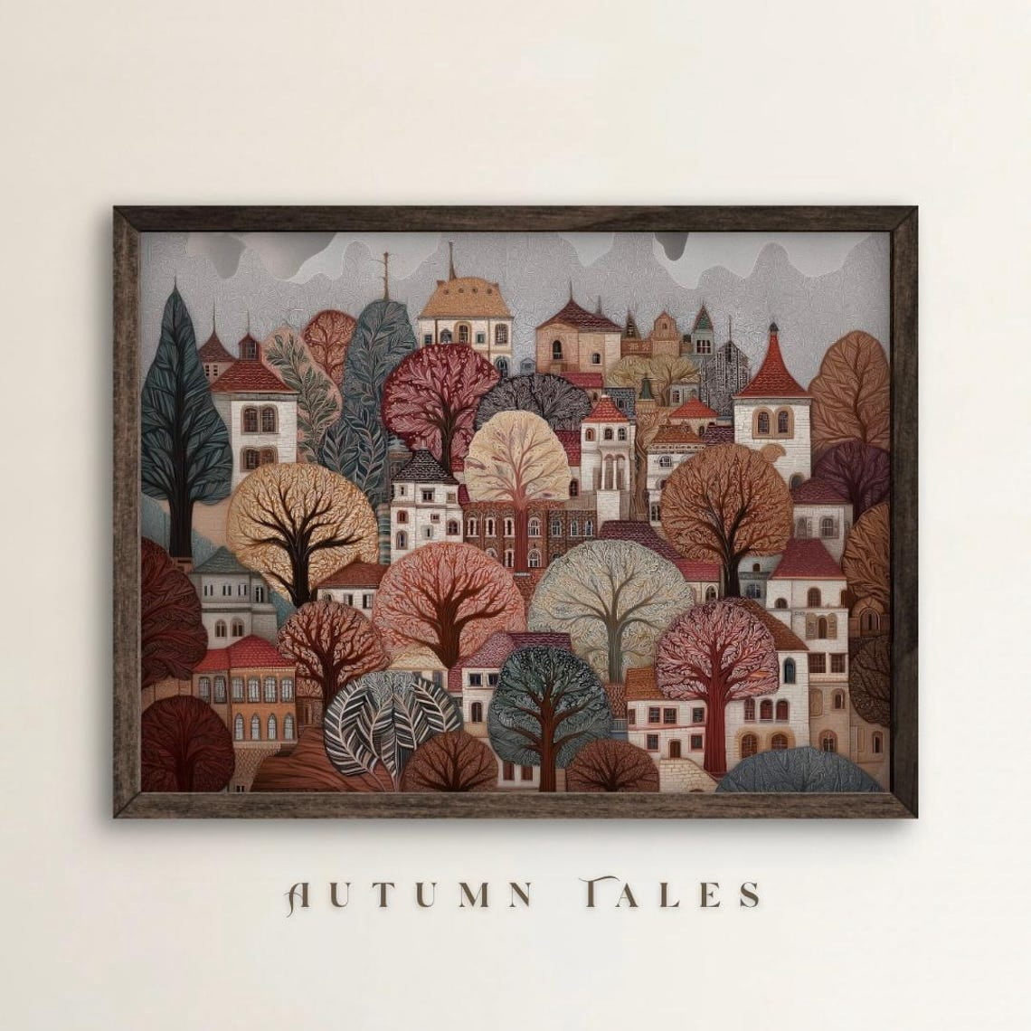 PosterArt Fall Folk Art Whimsical Poster, Autumn Cityscape Printable ...