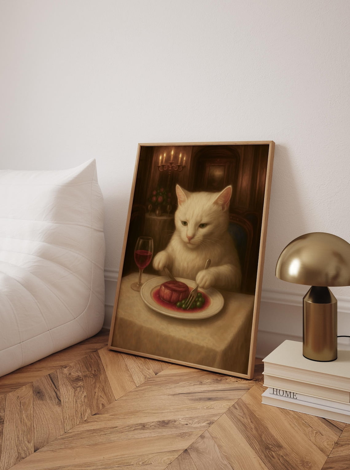PosterArt Fine Dining Cat Poster Wall Art, Elegant White Cat At Fancy ...