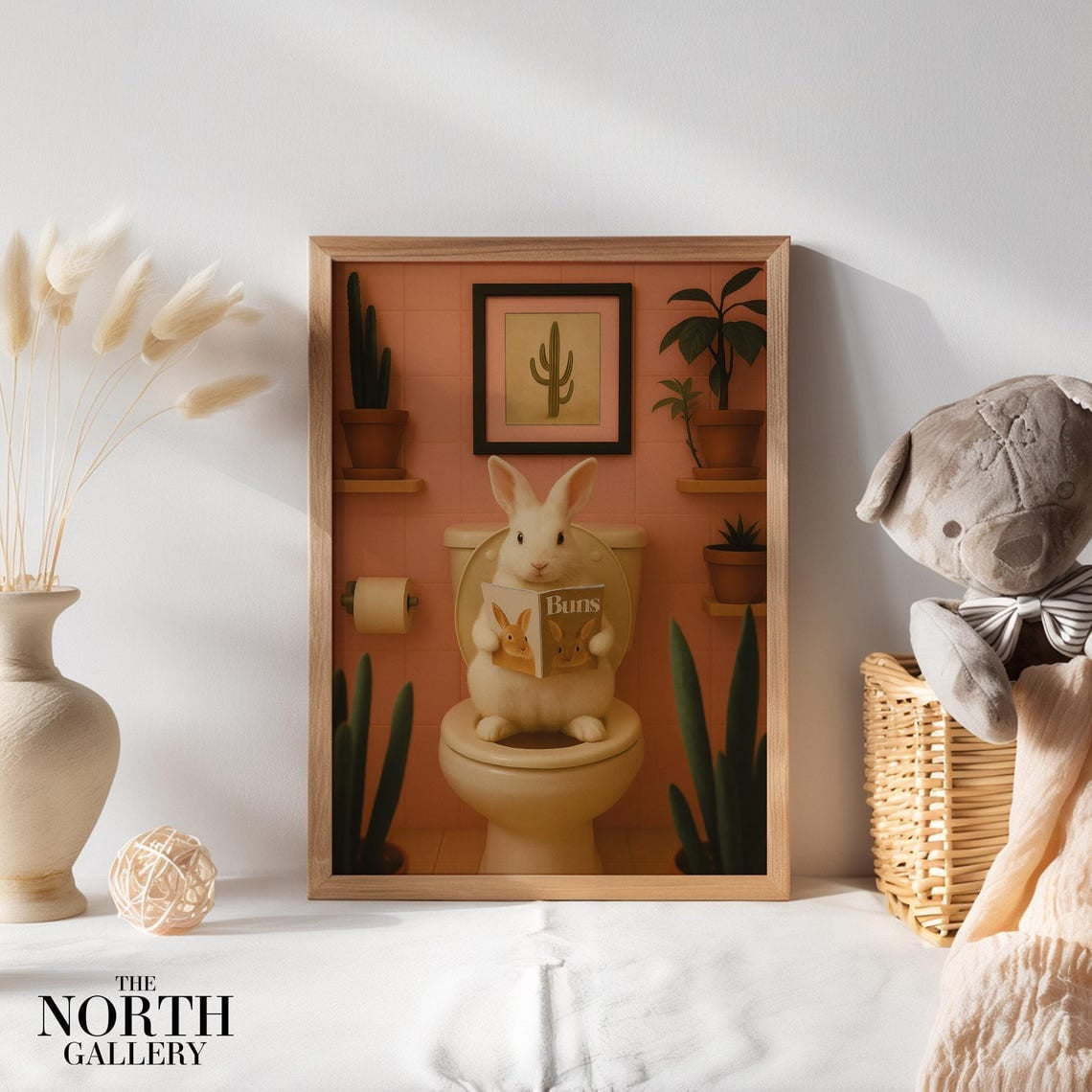 PosterArt Fun Bunny Bathroom Poster - Hilarious Rabbit Reading “Buns ...