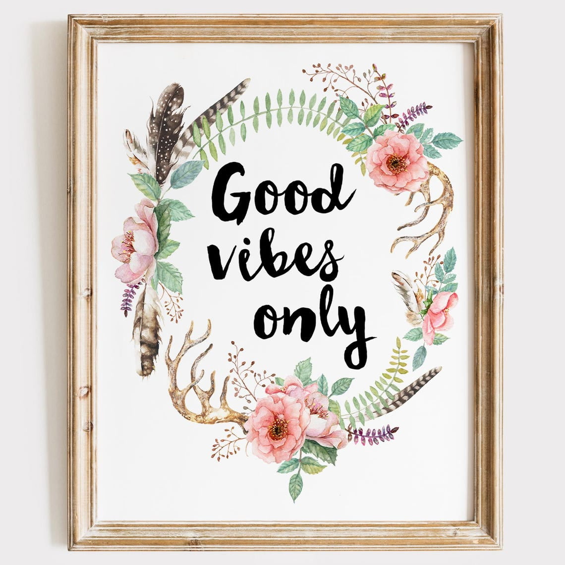 PosterArt Good Vibes Only Floral Wreath Art Print Motivational Wall ...