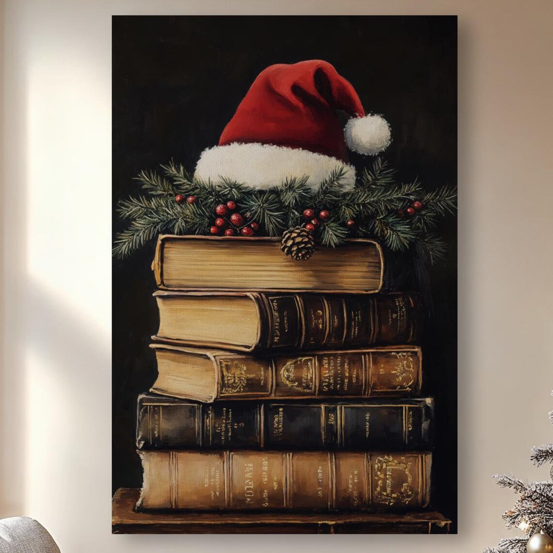 PosterArt Holiday Books Poster, Pine Wreath Wall Art, Festive Santa Hat ...