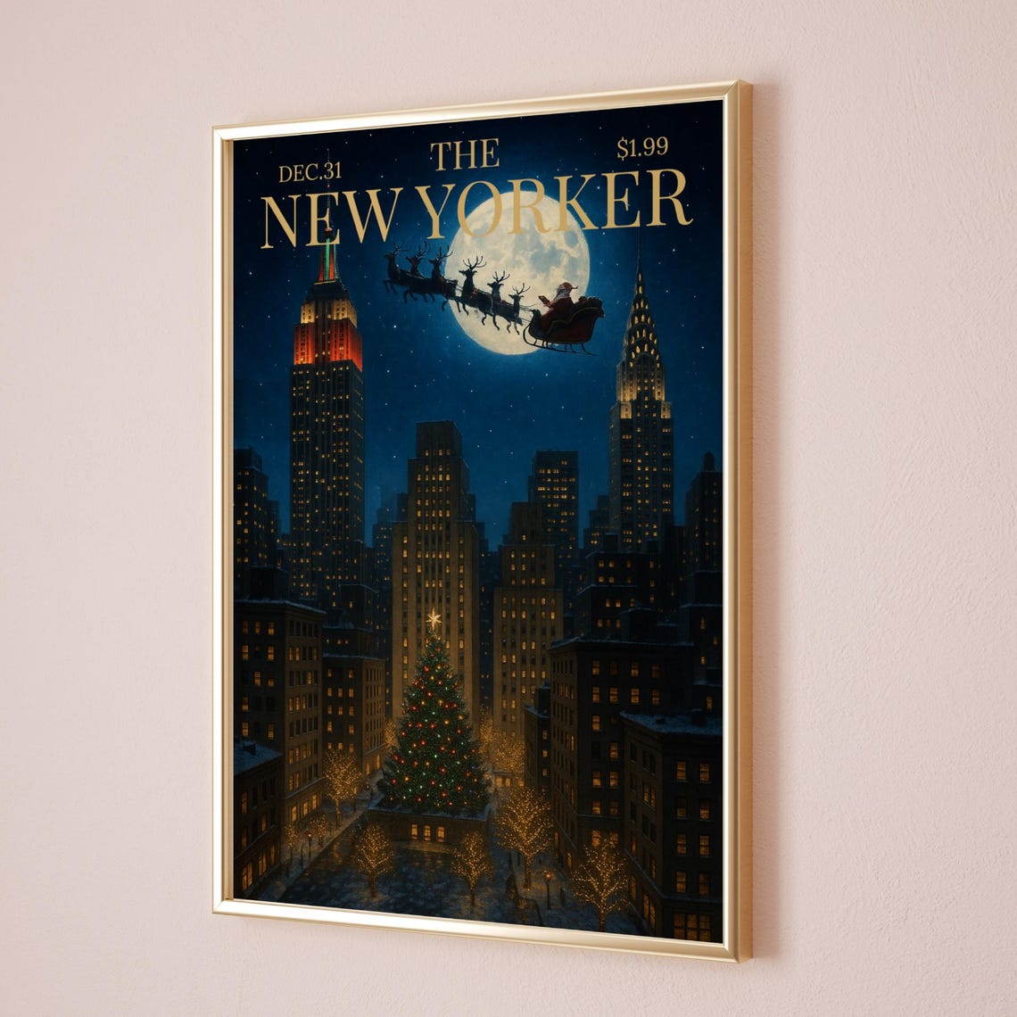 PosterArt New Yorker Santa Sleigh Poster, Vintage Holiday Cover Art ...