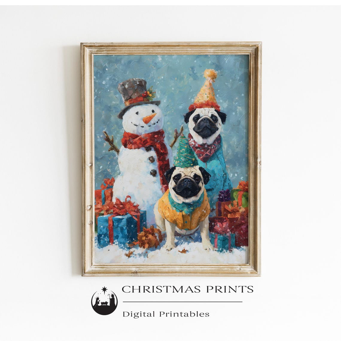 PosterArt Pugs With Snowman Poster Wall Art, Playful Winter Scene ...