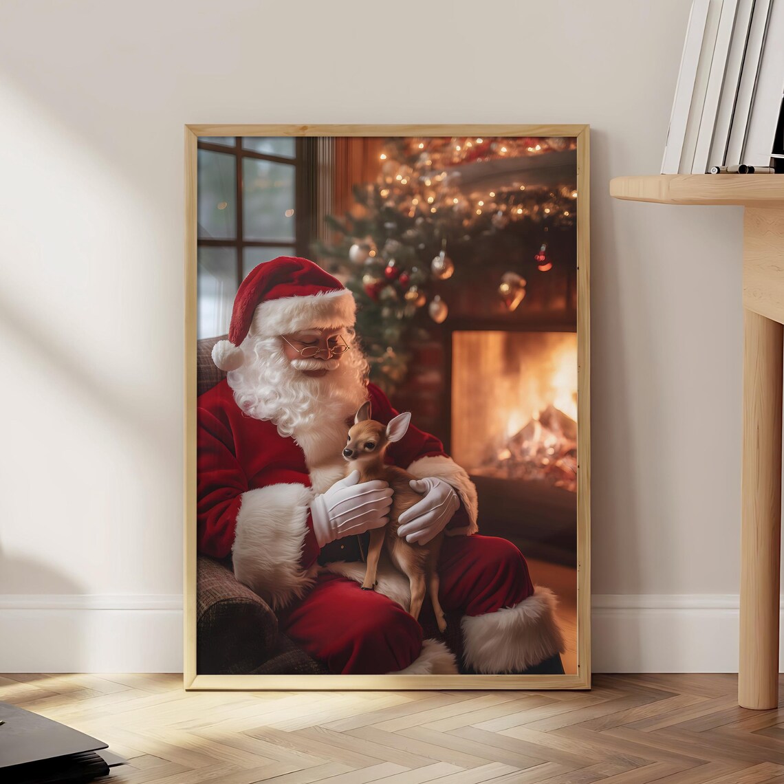 PosterArt Santa and Reindeer Poster, Vintage Holiday Wall Art, Retro ...