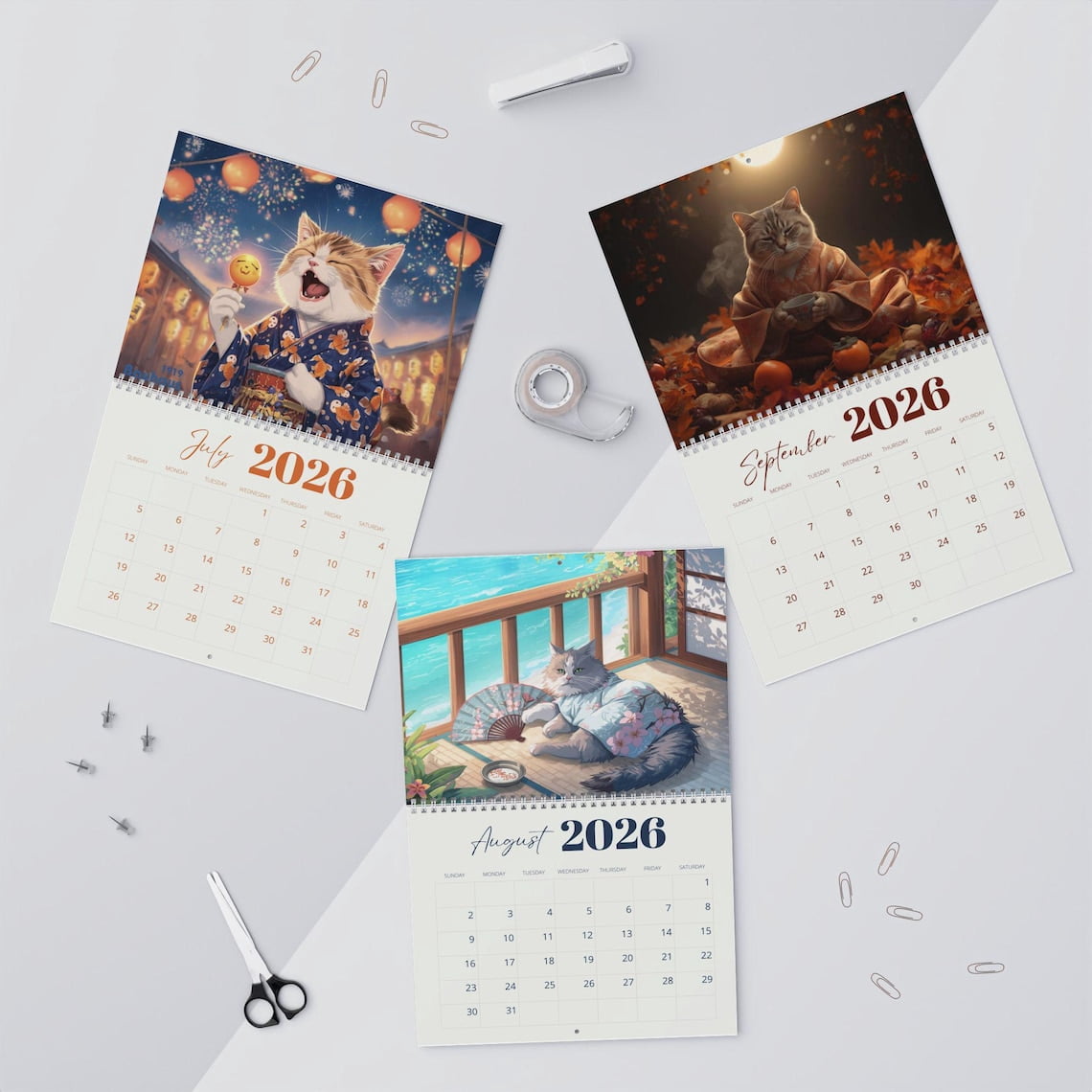 PosterArt Sleepy Kimono Cats Calendar Poster 2026, Kawaii Japanese ...