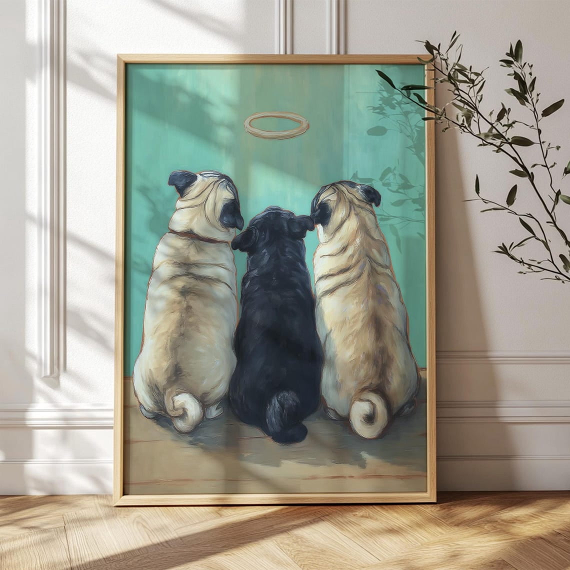 PosterArt Three Pugs And A Halo Poster Wall Art, Playful Dog ...