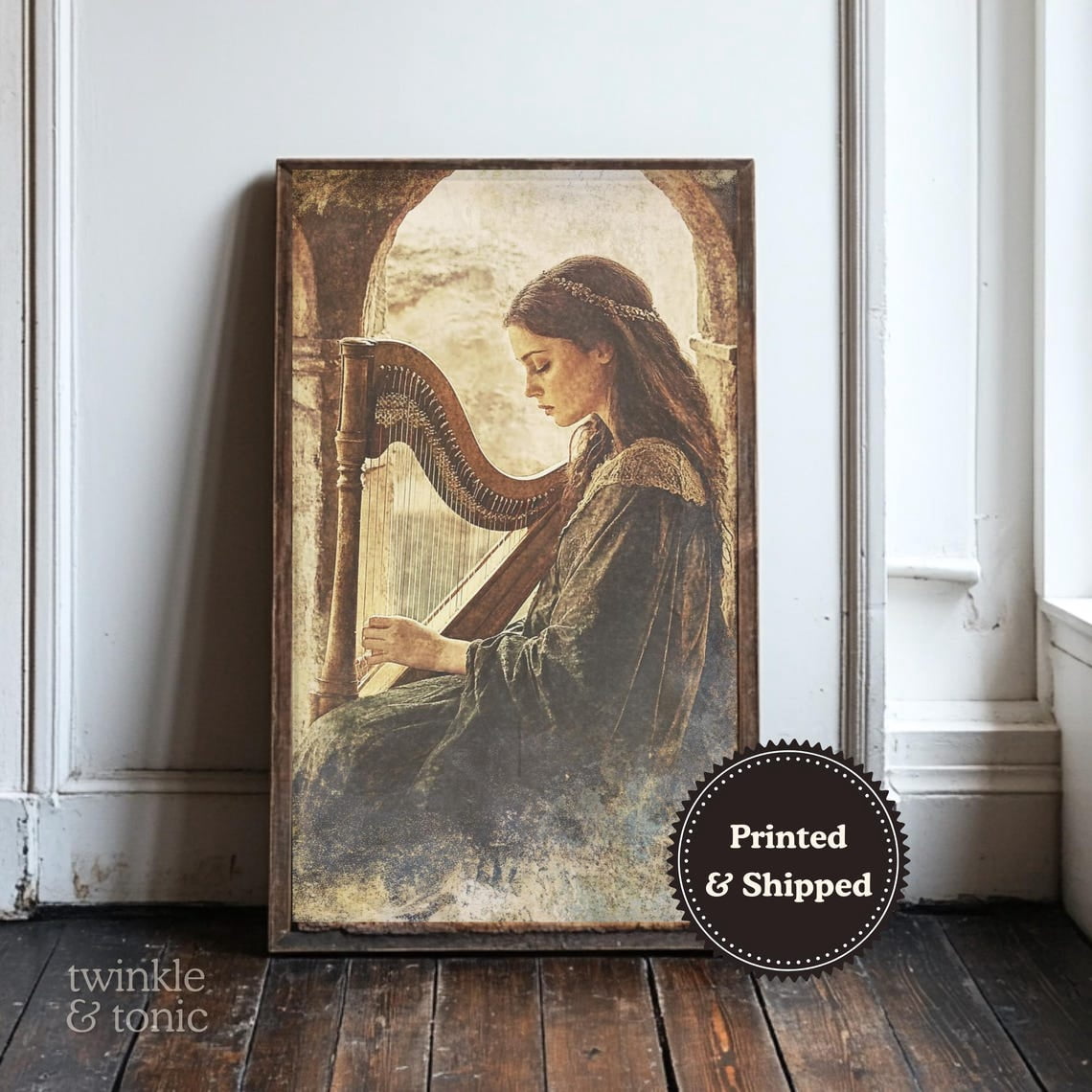 PosterArt Vintage Harp Art Print Rustic Music Room Wall Décor Light ...