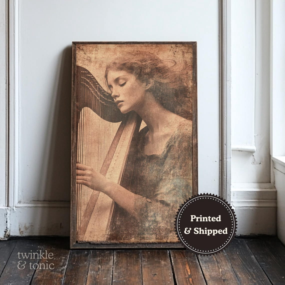 PosterArt Vintage Harp Art Print Rustic Music Room Wall Décor Light ...