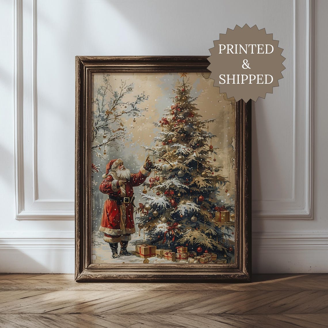 PosterArt Vintage Santa Poster Wall Art Neutral Santa and Tree Drawing ...