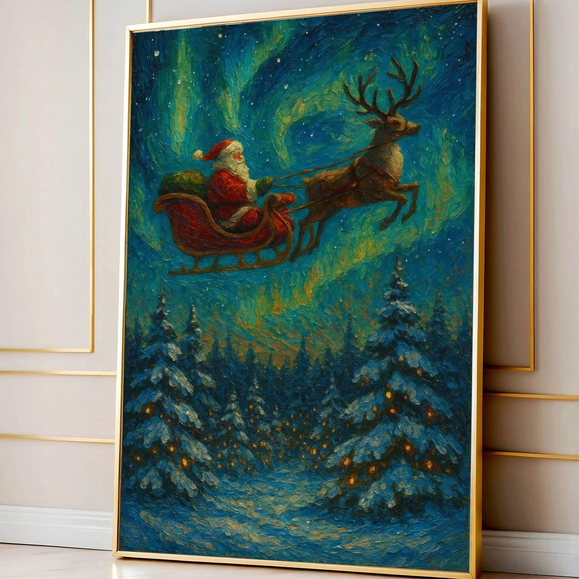 PosterArt Vintage Santa Sleigh Over Snowy Village Poster, Vintage Wall ...