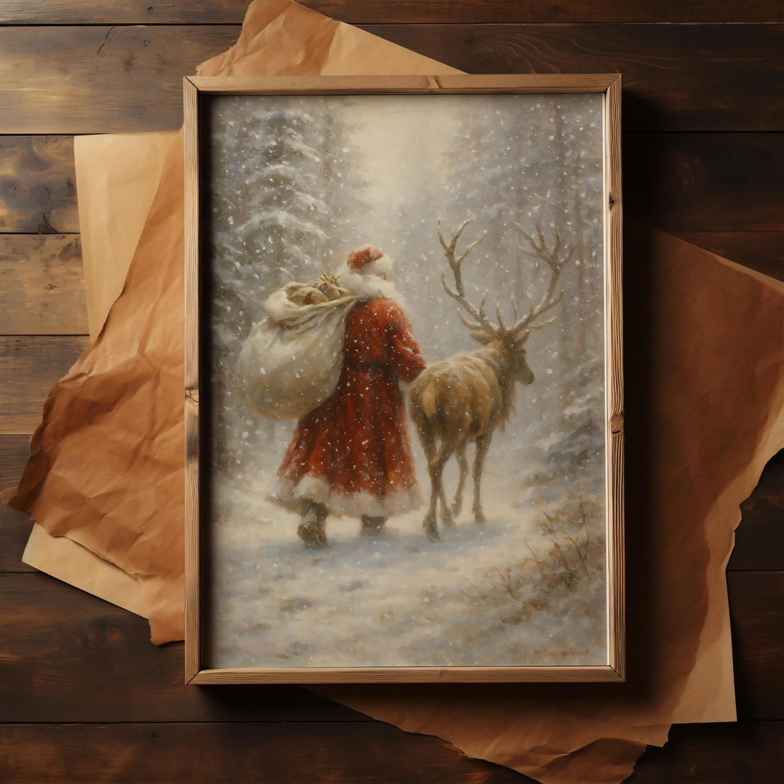 PosterArt Vintage Santa and Reindeer Poster, Rustic Farmhouse Winter ...