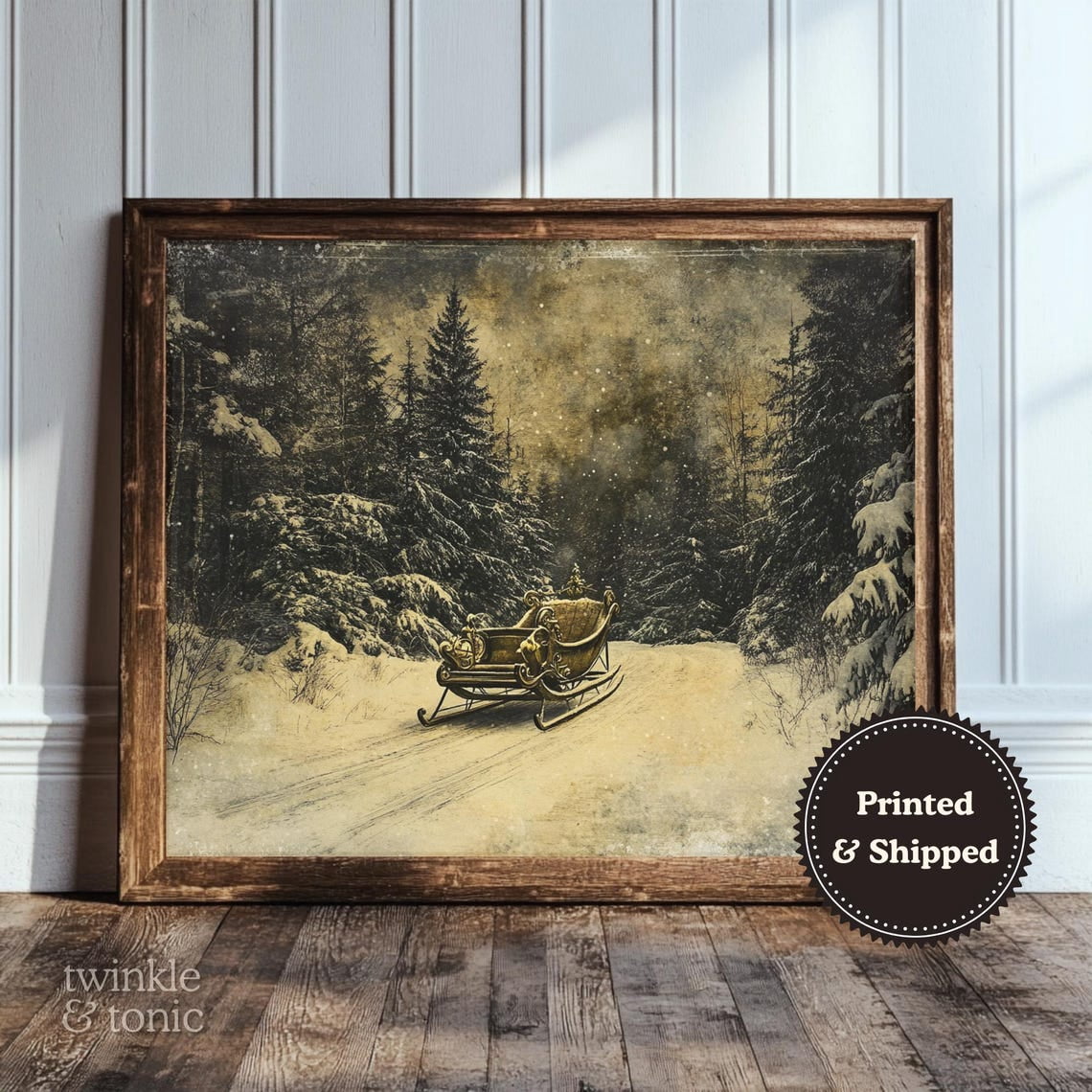 PosterArt Vintage Winter Holiday Sleigh Art Print Rustic Farmhouse Wall ...