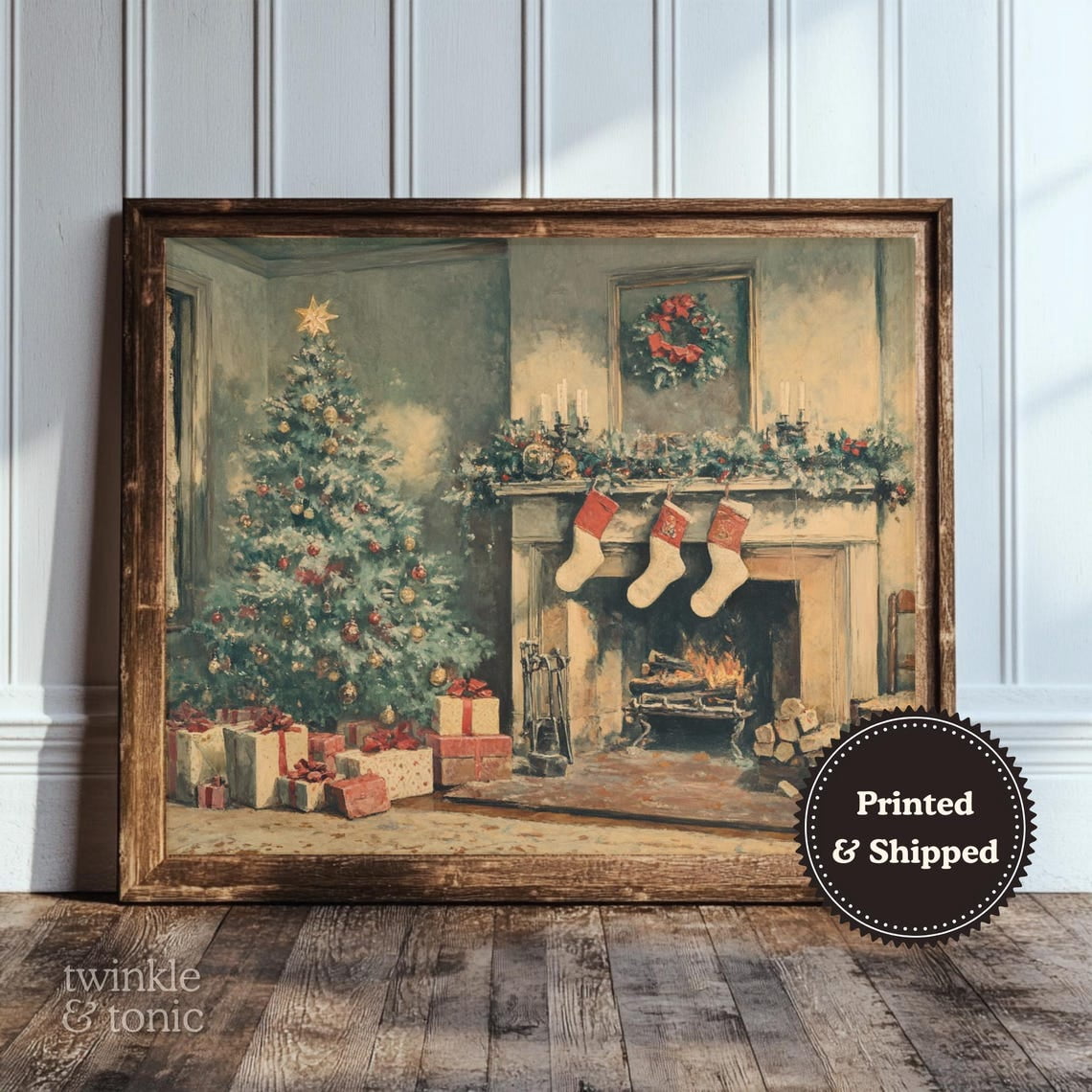 PosterArt Vintage Winter Holiday Tree Art Print Rustic Farmhouse Wall ...