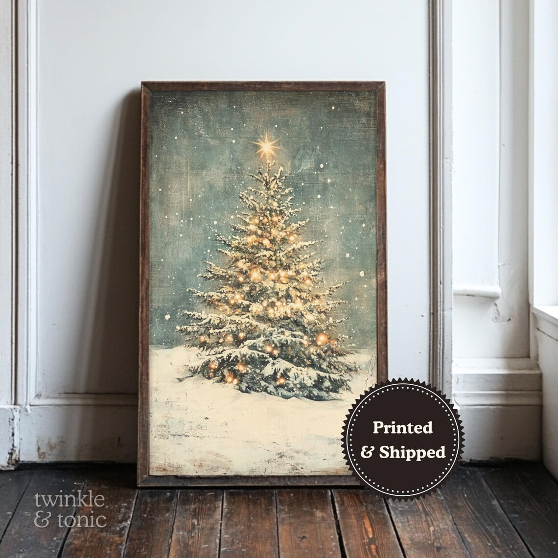 PosterArt Vintage Winter Holiday Tree Art Print Rustic Holiday Wall ...