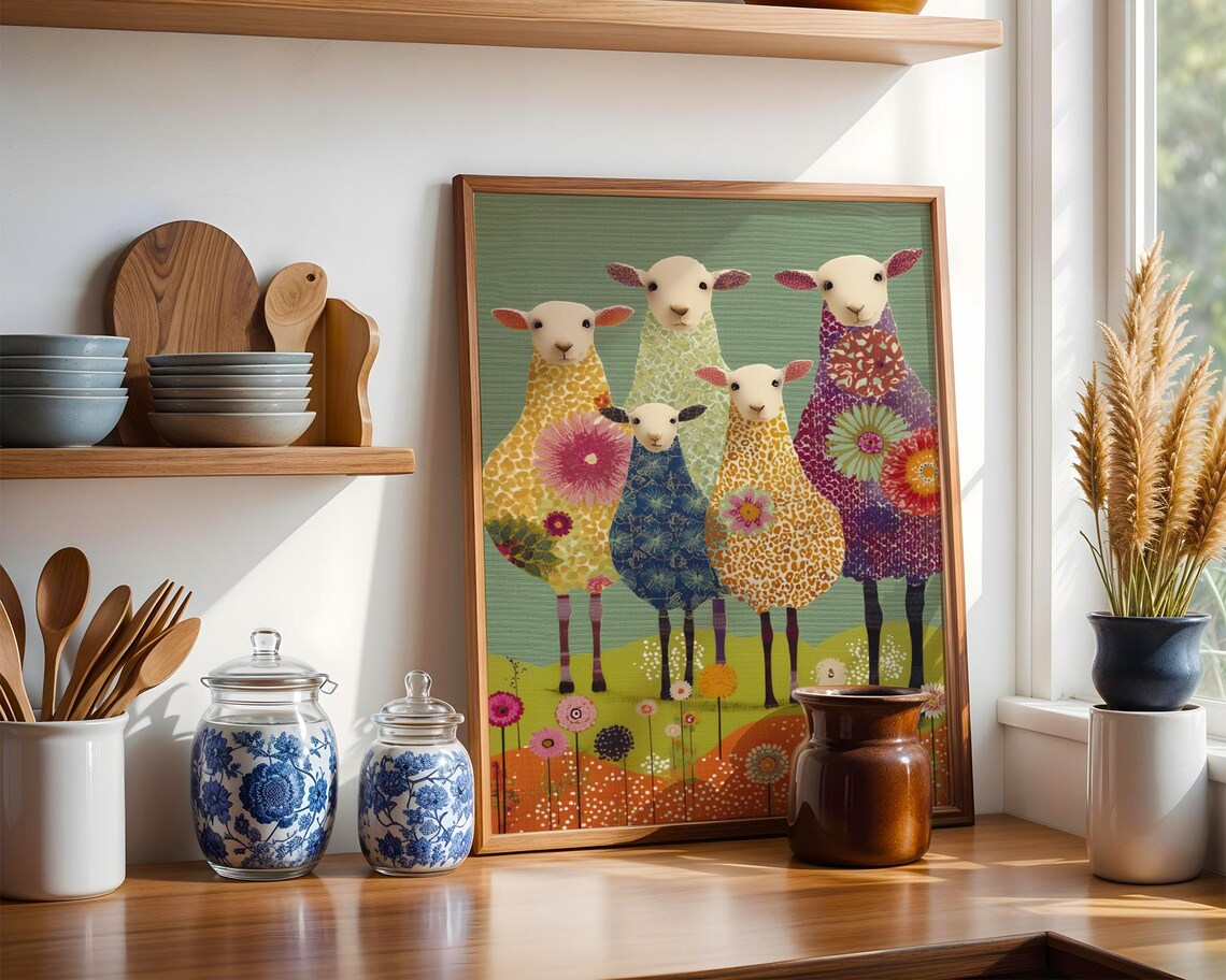 PosterArt Whimsical Sheep Family Poster Wall Art, Colorful Dopamine ...