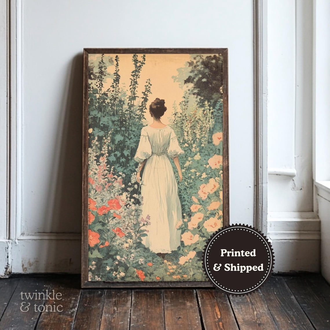 PosterArt Woman in Garden Art Print Antique Farmhouse Wall Décor Moody ...