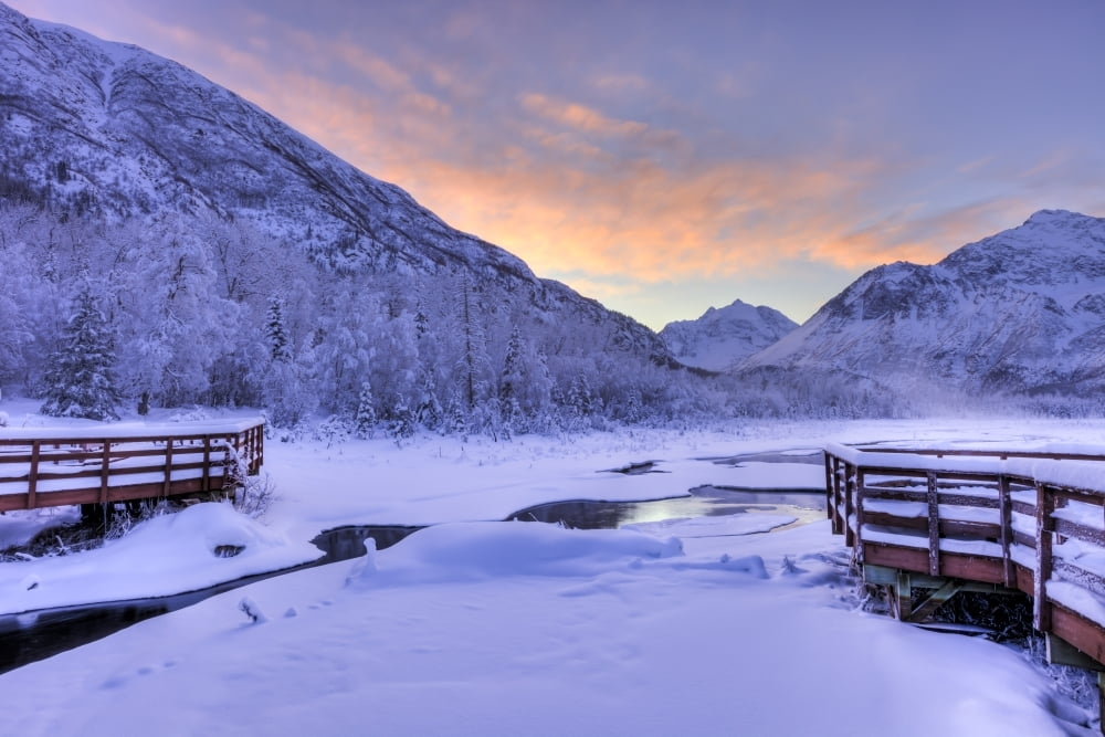 Posterazzi Colorful Sunrise Over A Stream & The Salmon Viewing Deck at ...