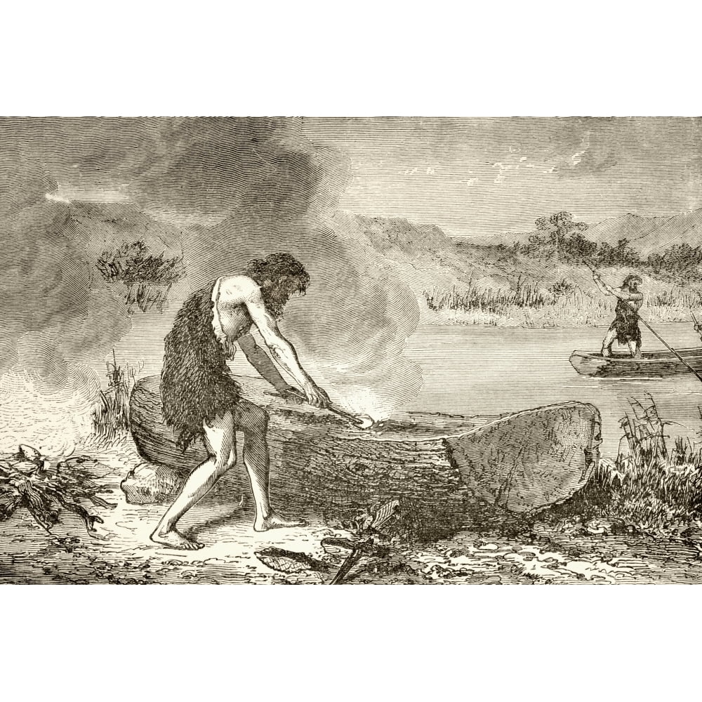 Posterazzi DPI1872489 A Prehistoric Man Using Fire to Fashion A Canoe ...