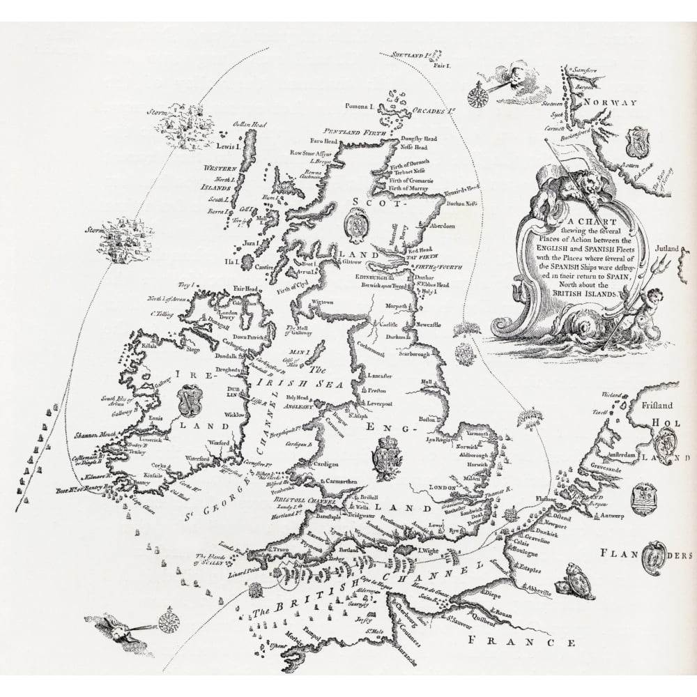 Posterazzi DPI1878043 Chart of The Spanish Armadas Course In 1588 From ...