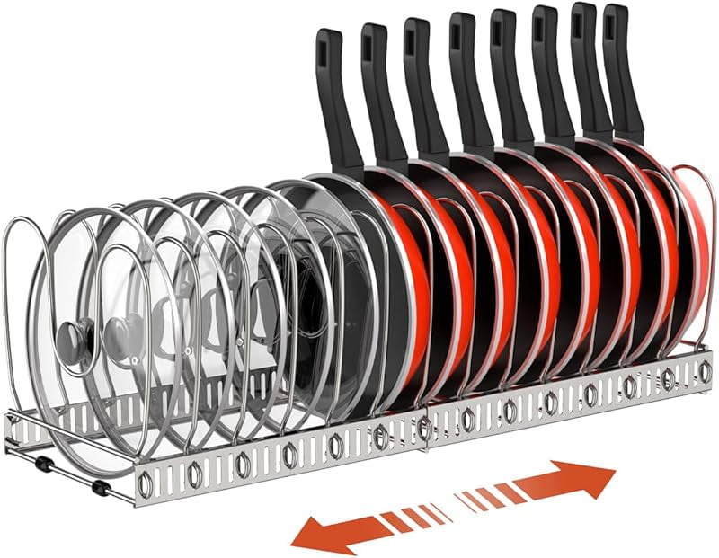 Pot and Pan Organizer Rack for Cabinet, Expandable Pot Lid Organizer ...