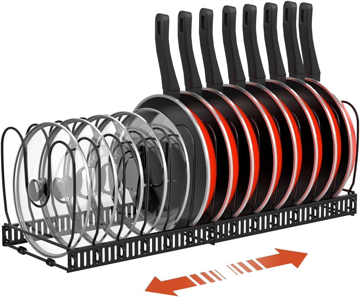 Pot and Pan Organizer Rack for Cabinet, Expandable Pot Lid Organizer ...