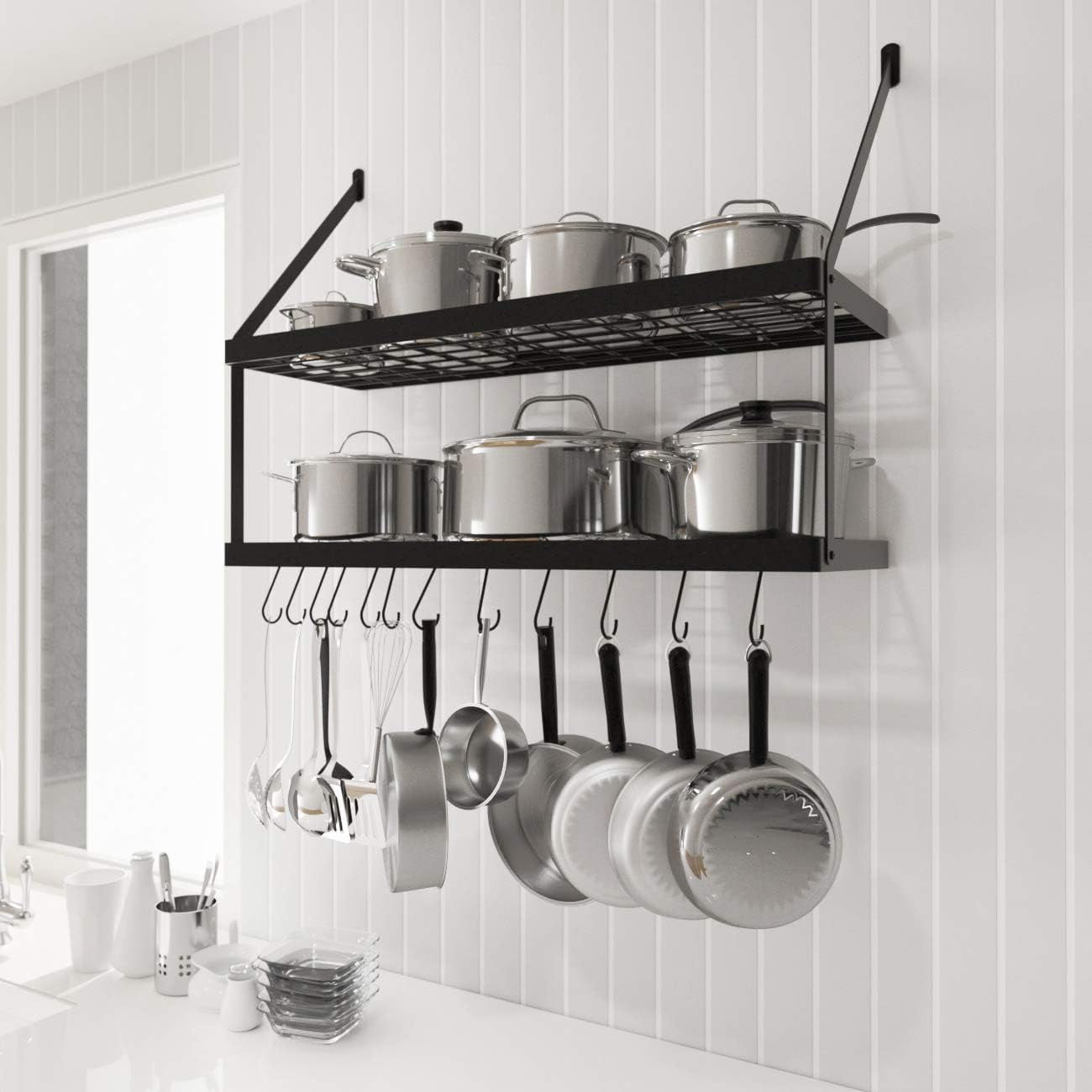 Pot Rack Wall Mounted, Pots and Pans Hanging 2 Tier 30-Inch for Kitchen ...