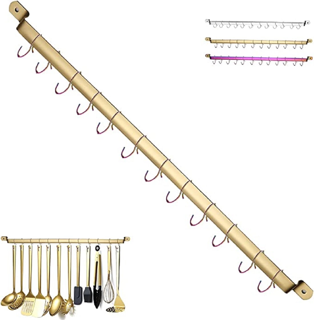 Pot and Pan Hanging Rack Wall Mounted Kitchen Rail with 12 Hooks Double ...